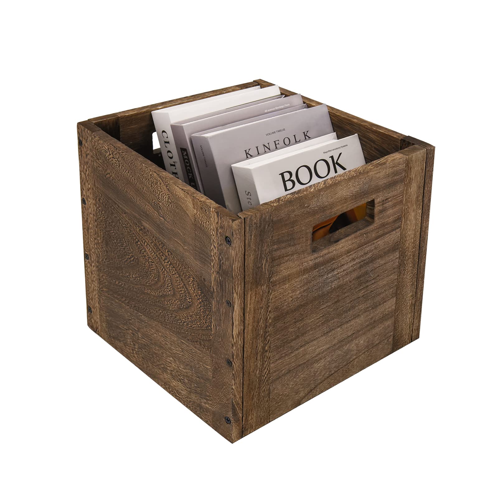 NC Luneodoki Wooden Decorative Storage Cube Boxes with Handles, 11” x Large Baskets For Shelves, Stackable Containers Organizing Bins Toy, Clothes, Books, Office, Rustic Brown
