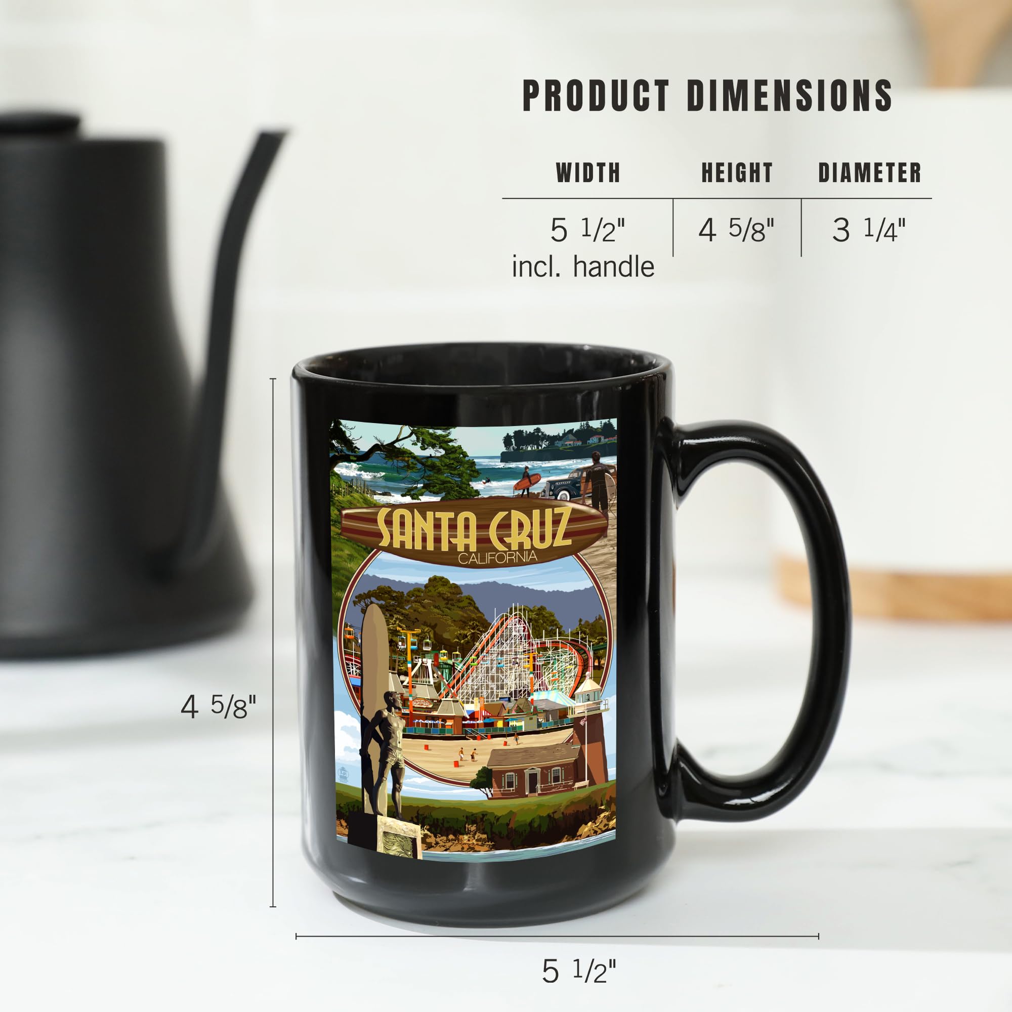 Lantern Press Santa Cruz, California, Scenes Montage (15oz Black Ceramic Coffee and Tea Mug, Dishwasher and Microwave Safe)