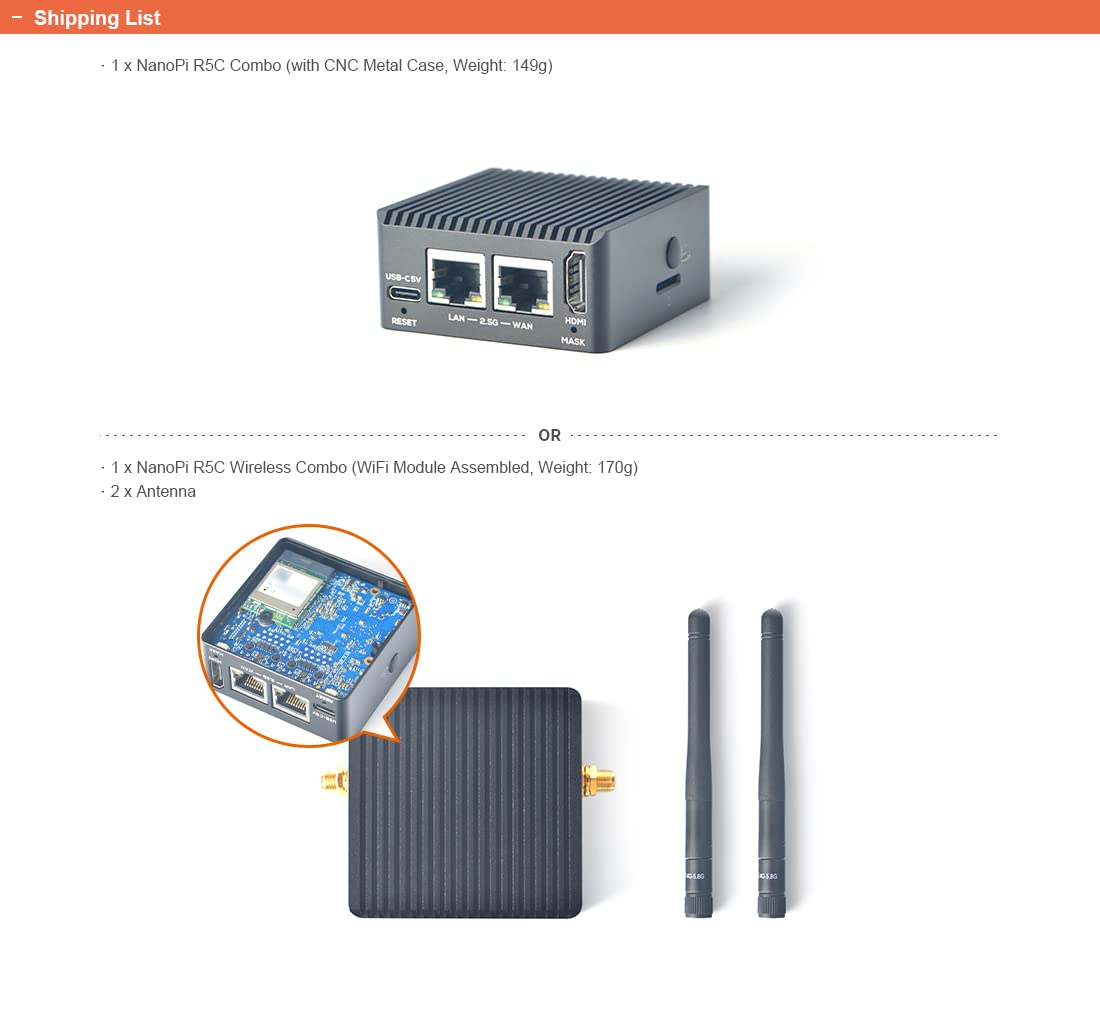 youyeetoo NanoPi R5C Mini Router with Metal Case,1GB LPDDR4X 8GB eMMC, RK3568 Development Board 0.8TOPS NPU Support Docker, Two Ethernet Ports (with M.2 Wi-Fi Module)