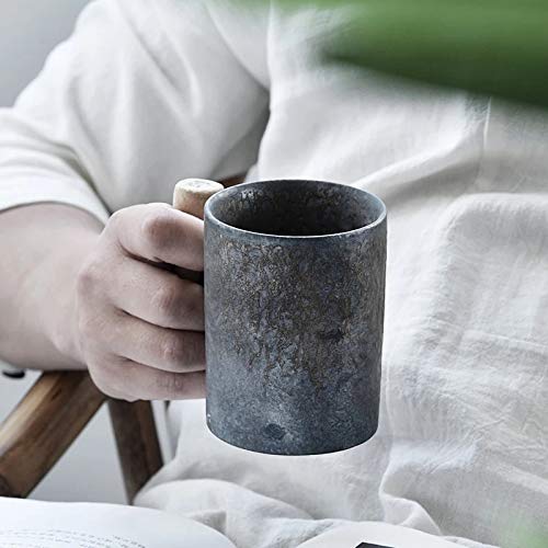 Rewhey Japanese-style Vintage Ceramic Coffee Mug Tumbler Rust Glaze Tea Milk Beer Mug with Wood Handle Water Cup Home Office Drinkware (Style-3 B)