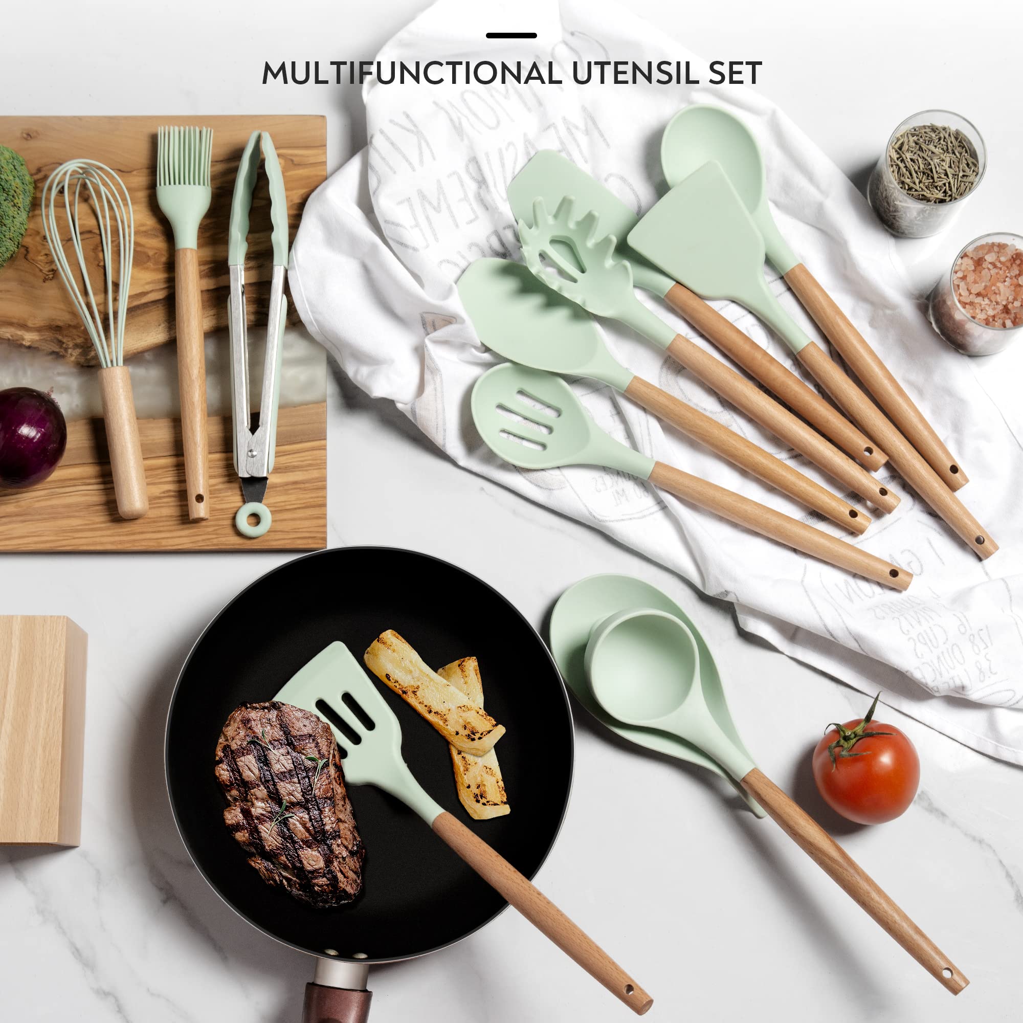 Lanzo Design Kitchen Utensil Set, 13 pcs Non-Stick Silicone Cooking Utensils Spatula Set with Wooden Holder (Mint)