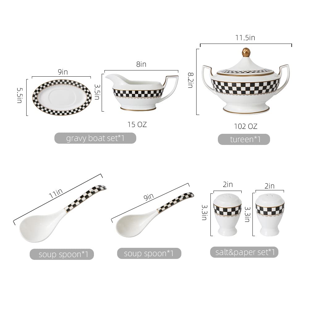 Porlien Checker Dinner Serving Set with Soup Tureen, Soup Ladles, Gravy Boat with Ladle and Stand and Salt & Pepper Shaker