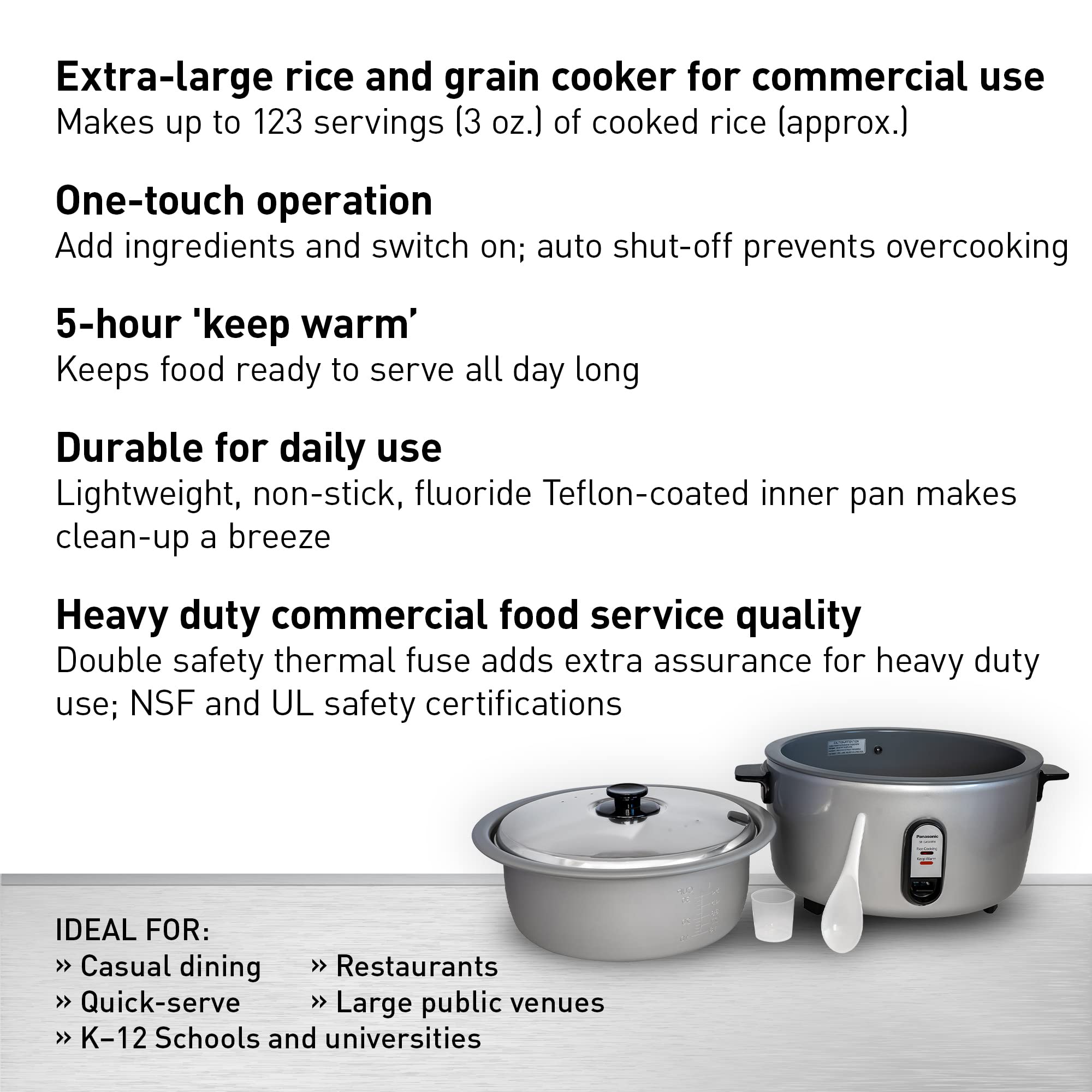 Panasonic Commercial Rice Cooker, Extra-Large Capacity 60-Cup (Cooked), 30-Cup (Uncooked) with One-Touch Operation and Durable Non-Stick Coated Pan - SR-GA541FH β Silver