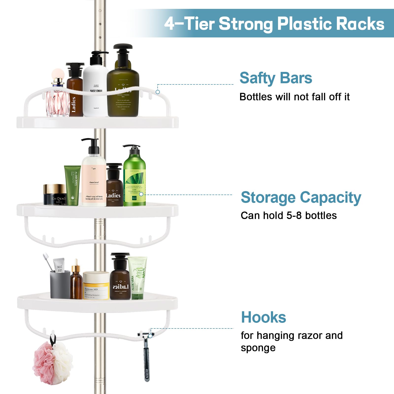 UIABOPZ Shower Caddy Tension Pole, Rustproof Shower Corner Caddy, 4-Tier Shower Organizer Corner Shelf Tension Rod Shower Caddy Corner 54 to 114 Inch