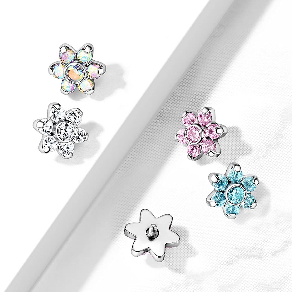 Pierced Owl Set of 4 Stainless Steel Prong Set Crystal Flower Internally Threaded Dermal Anchor Tops (16GA (1.2mm))