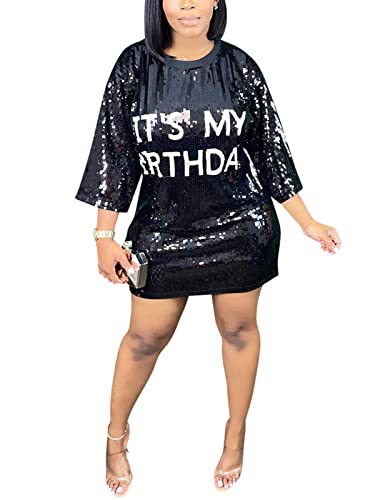 KIRJAUDU Women Sequin Glitter Letter Print 3/4 Sleeve Round Neck Party Club Mini T Shirt Dress Black M