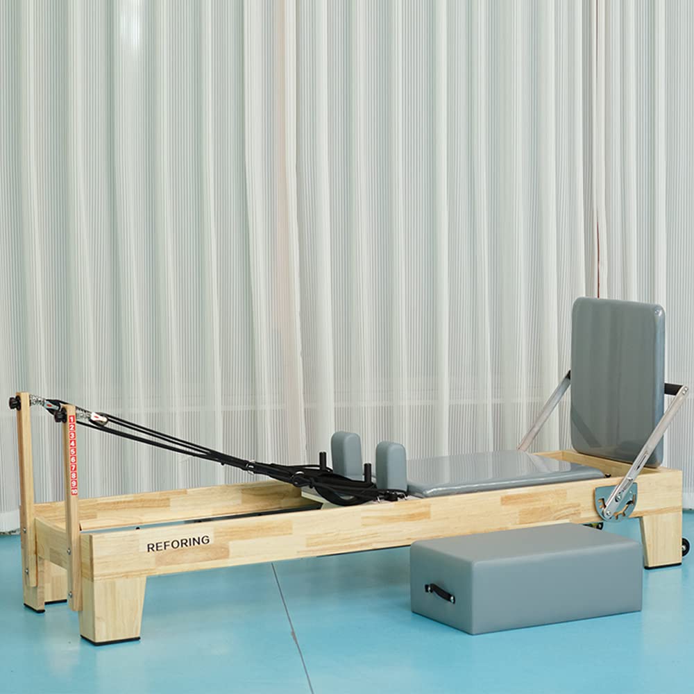 REFORING Pilates Reformer Machine for Home, Rubber Wood Series High-Level Configuration Yoga Exercise Stretch Studio Workout Equipment with Superfiber PU Leather, Durable Springs, 304 Steel (Gray)