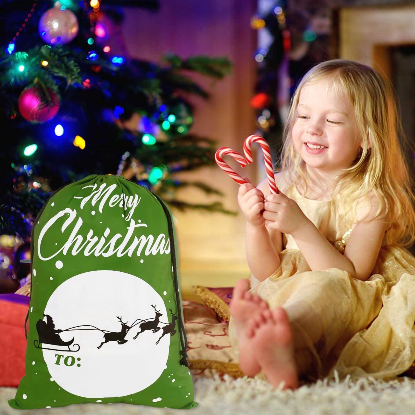 Libcflcc Christmas Party Gift Bag Reusable with Reindeer Sleigh Design Large 70x50cm Size Heavy Duty Washable Cotton Material Festive Drawstring for Holiday Green