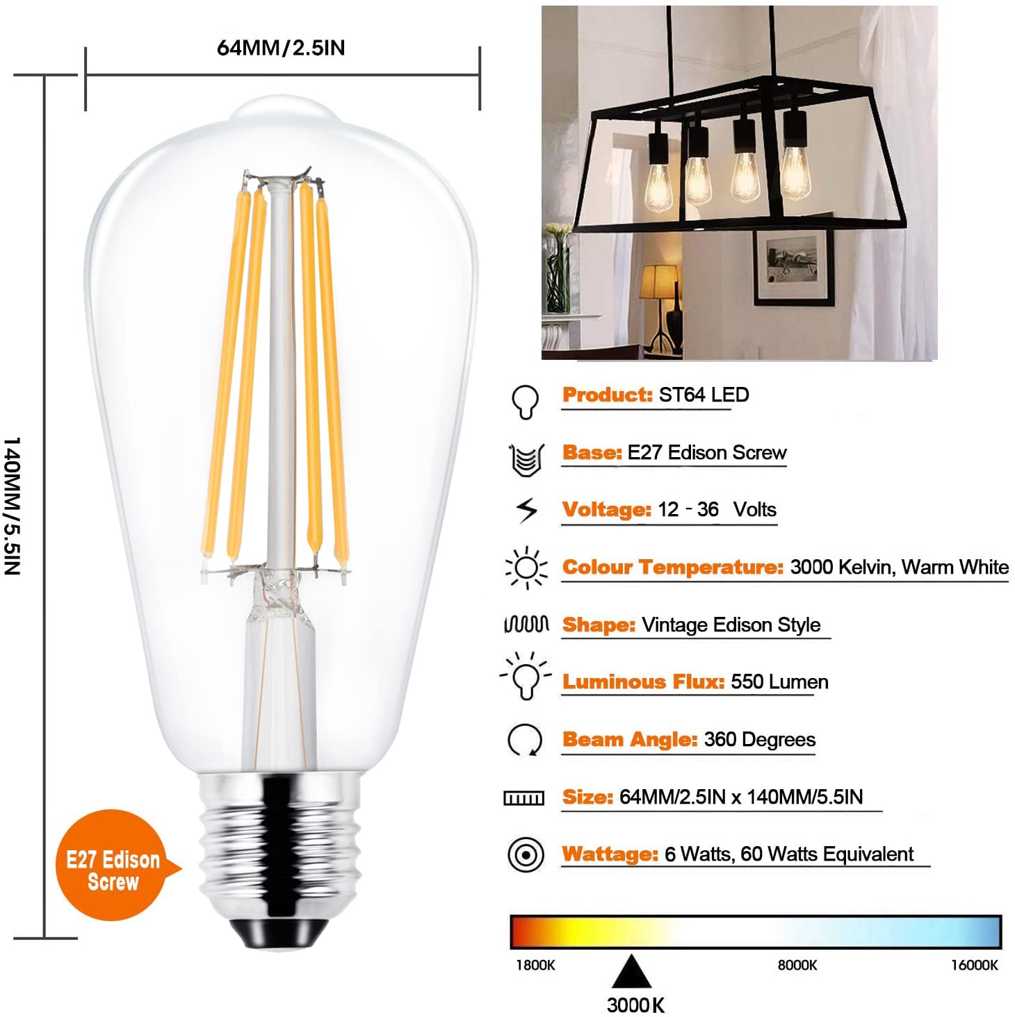 PIFUT 12v 24v 36v AC/DC LED Light Bulb, E26 6w 3000k ST64 Vintage Edison Light Bulb, 12v RV Camper Light Bulb, Best Replacement for Marine Boat Solar 12v Battery Light Bulb
