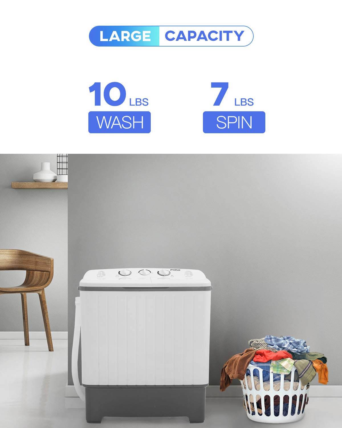 Portable Washing Machine 17 lbs Mini Compact Twin Tub Washer with Wash and Spin Dryer Combo Cloths Washing, Machine Lightweight Small Laundry Washer for Home, Apartments, Dorms, College Rooms(White)