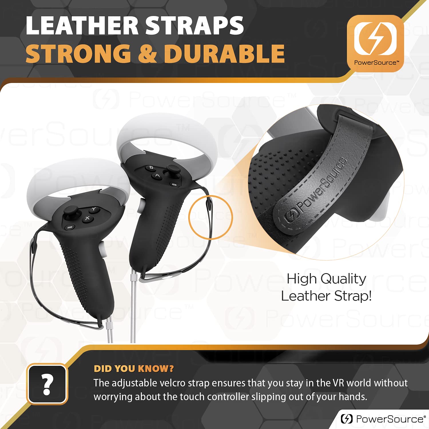 PowerSource Oculus Quest 2 VR Cover Grips, Silicone Unibody Design with Adjustable Reinforced Knuckle Handles and Anti-Throw Non-Slip Grip, Meta Quest Premium Controller Protector