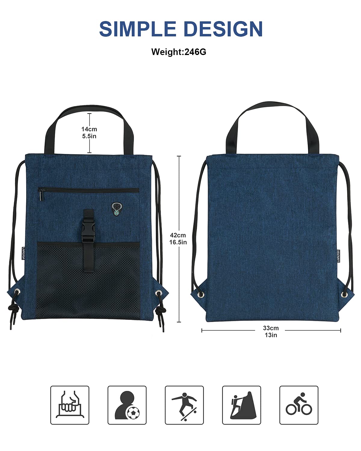 LIVACASA Drawstring Bag Gym with Pockets Sports Sack with Handle Drawstring Backpack Travel for Men Women
