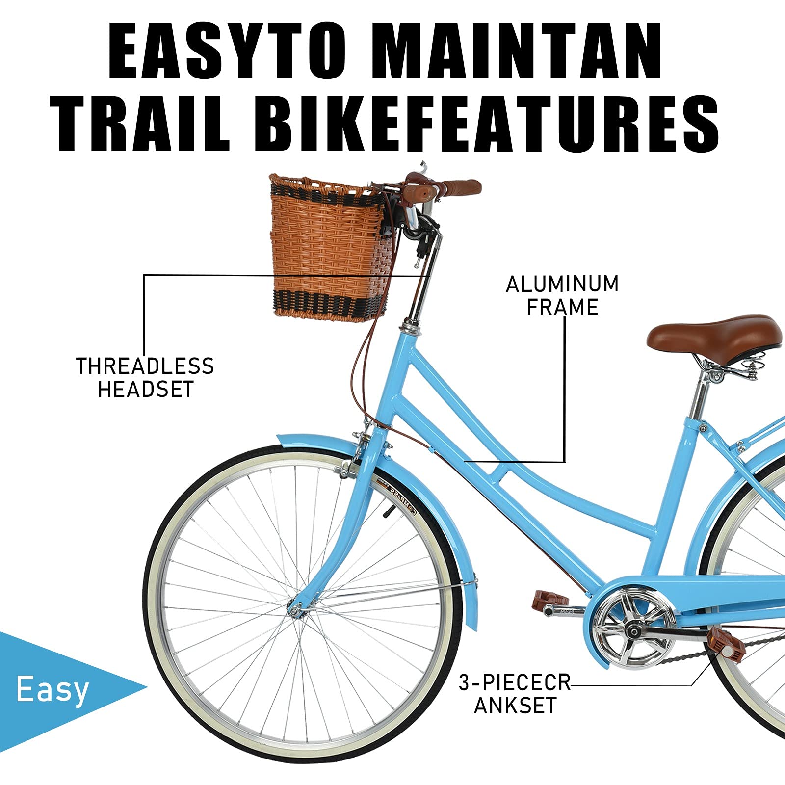 Sky Blue Women's Cruiser Beach Bike, Leisure Bikes, Urban Road Bicyle, Single-Speed, 26inch Wheels, with A Detachable Basket, Rear Frame