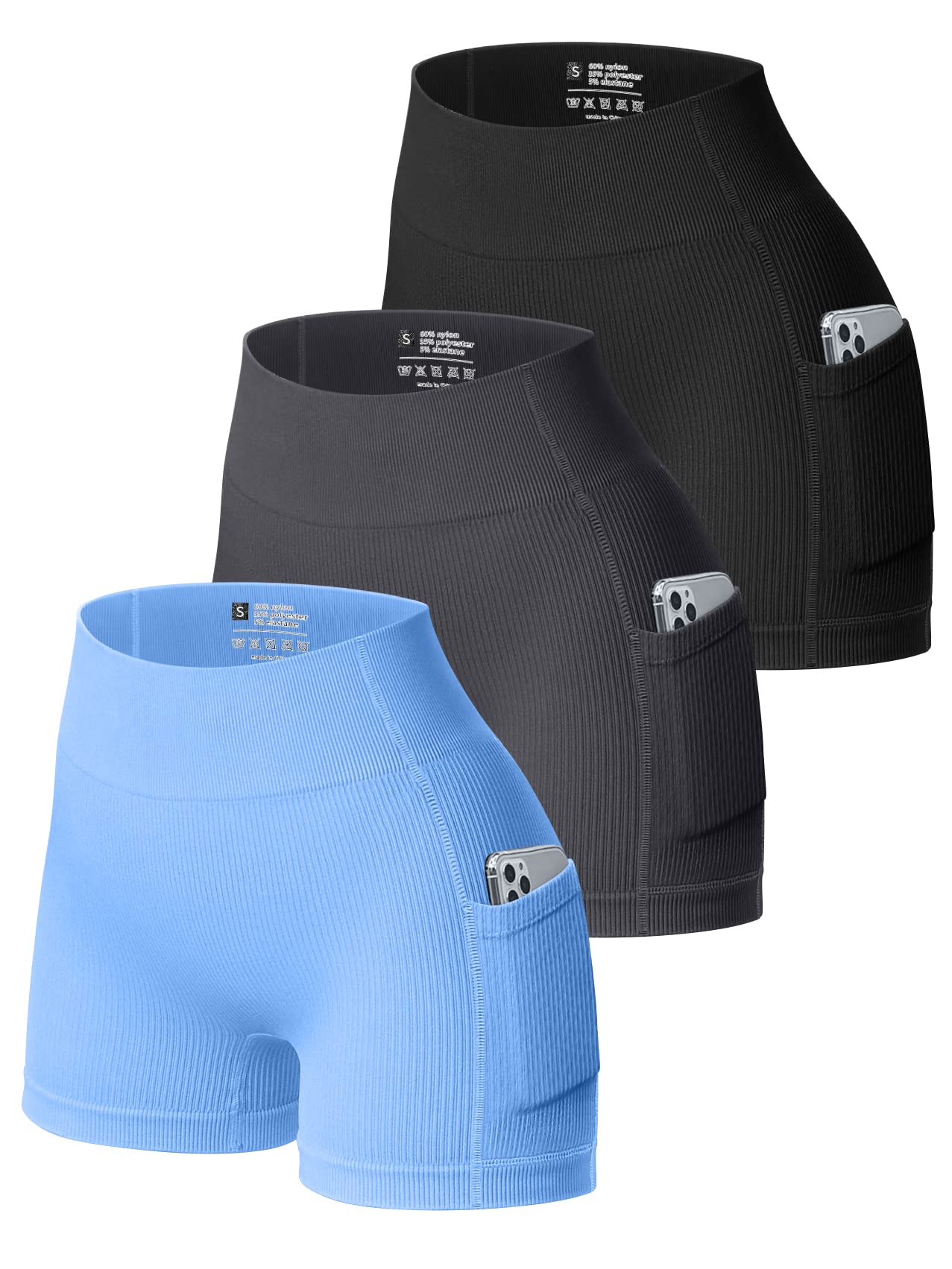 OQQ Women's 3 Piece Athletic Shorts Ribbed Seamless Workout High Waist Shorts with Pockets Black Grey Candyblue