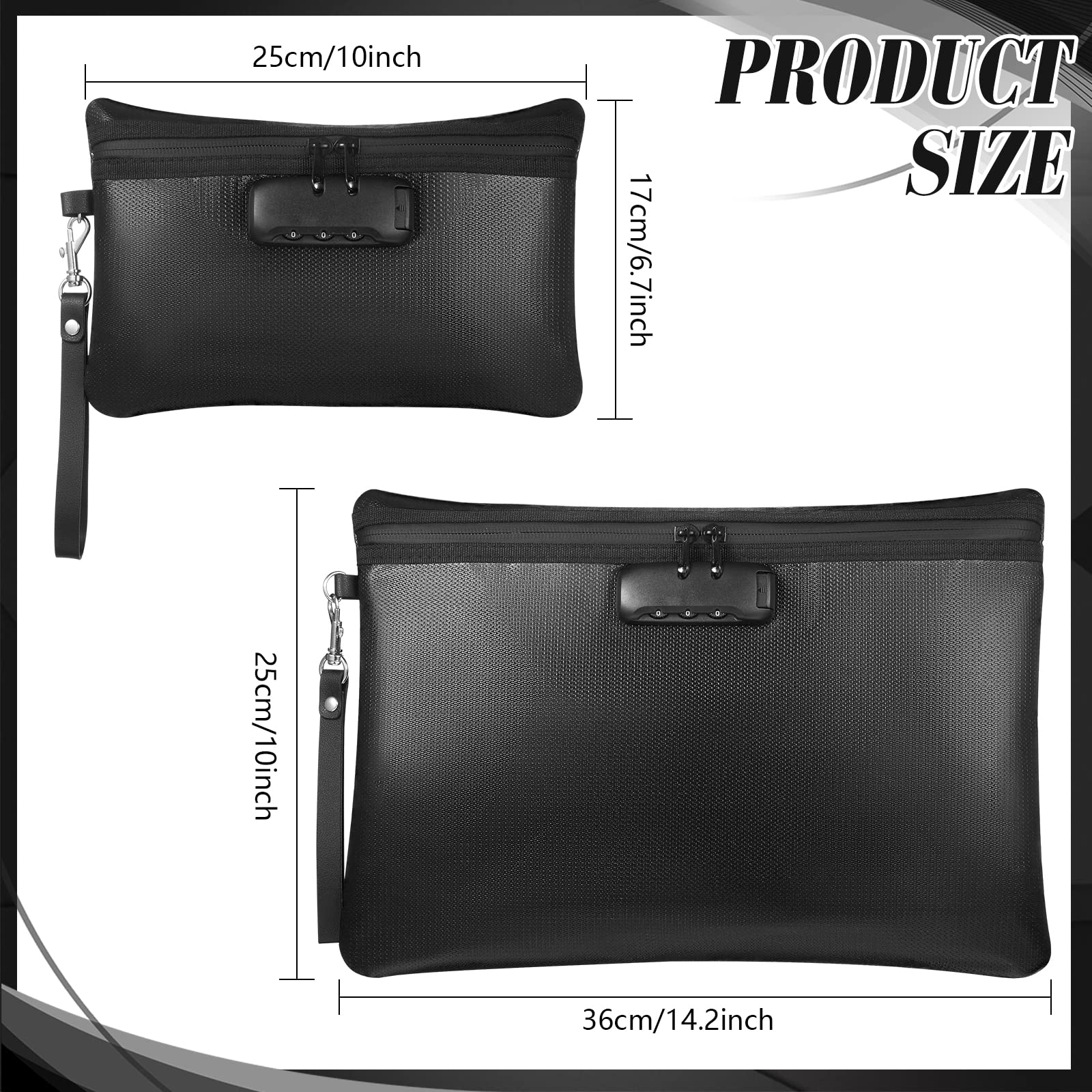 Nezyo Fireproof Safe Money Document Bag with Lock 2 Pcs Notary Journal Bag Waterproof Bag with Zipper for A4 Storage Pouch File Passport Tablet, 14 x 10 Inch and 6.7 x 10 Inch(Black, Horizontal)