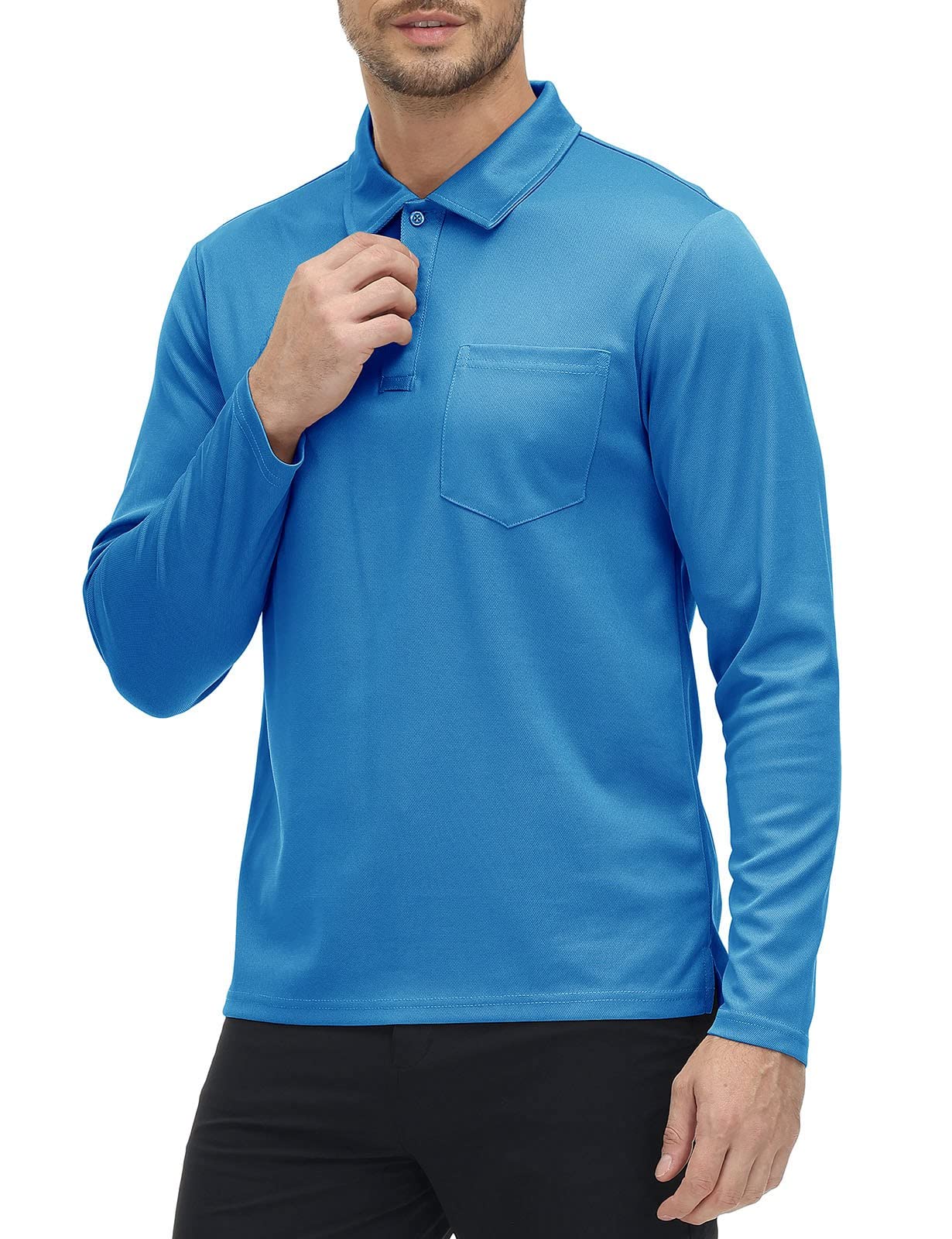 Rdruko Men's Outdoor Sport Performance Polo Long Sleeve Pullover with Pocket(Blue, US XL)
