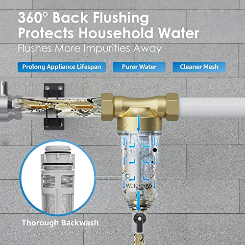 Waterdrop Spin Down Sediment Filter, Backwash Whole House Water Filter System for Well Water, 40-50 Micron, 1" MNPT + 3/4" FNPT + 3/4"MNPT, Traps Sand, BPA Free, WD-RPFK