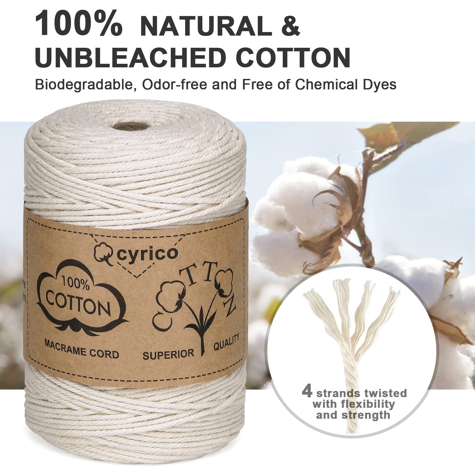 Macrame Cord 3mm x 300 Yards, 100% Natural Cotton Cord Macrame Rope - Twisted Macrame String Supplies for Wall Hanging Plant Hangers Gift Wrapping Wedding Decorations