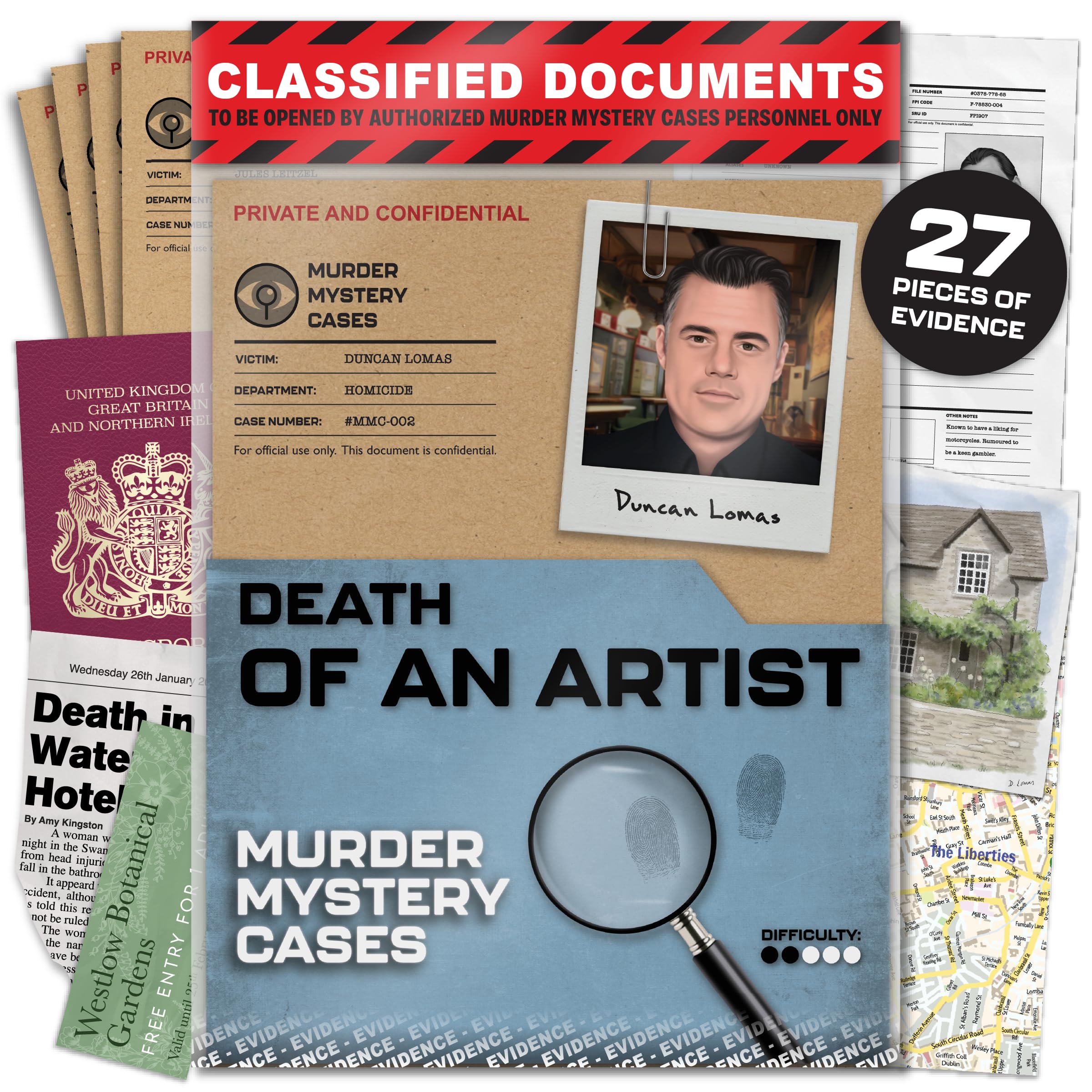 Unsolved Murder Mystery Game - FPI Mystery: Death of an Artist - Unsolved Case Files, Cold Case Detective Game for Adults & Teens - Solo, 2 Player, or Group Board Game, Hunt Killer, Dinner Party