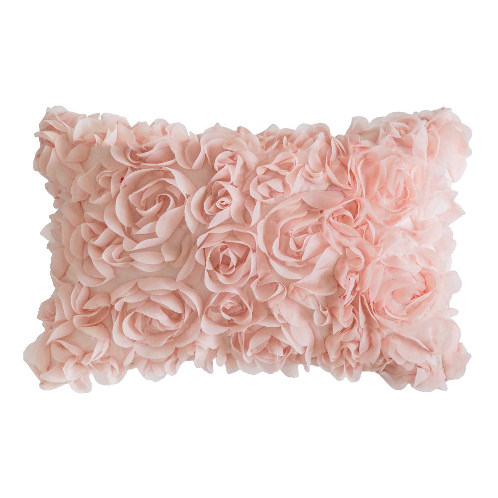 MIULEE 3D Decorative Spring Romantic Stereo Chiffon Rose Flower Pillow Cover Solid Square Pillowcase for Sofa Bedroom Car 12x20 Inch 30x50cm Peach Pink Wedding Valentines Day