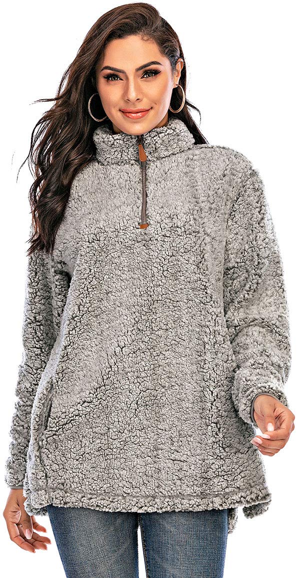 Les umes Women's Zipper Sherpa Pullover Fuzzy Fleece Sweatshirts Jacket Winter Oversized Outwear Coat Gray M