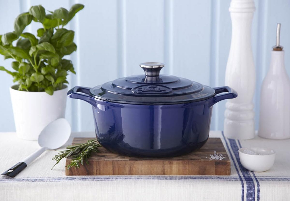 La Cuisine Enameled Cast Iron Dutch Oven Casserole Dish Pot with Lid, 5 QT 10.3โ Dia. Cream White Enamel Interior 2-tone Sapphire Enamel Coating Exterior Oven-Safe