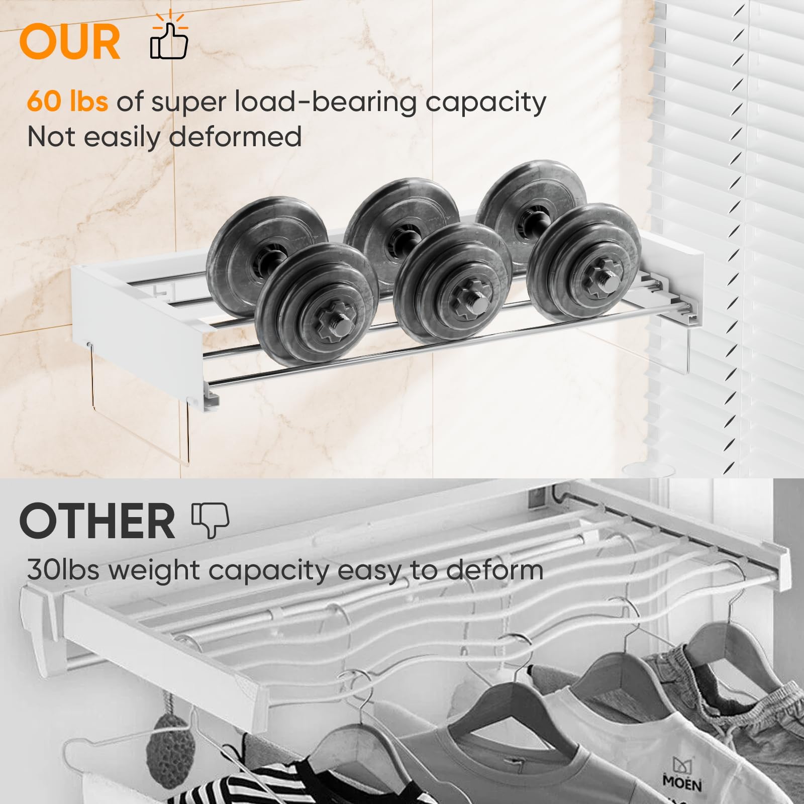 Wall Mounted Drying Rack, Laundry Clothes Drying Rack Foldable, Collapsible Drying Rack Clothing Wall Mount with 2 Towel Handles and Wall Template for Indoor Outdoor Hanging Clothes, 5 Rods, 31.5 Inch