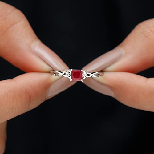 Rosec Jewels Princess Cut Ruby Solitaire Promise Ring for Women - Celtic Knot Ring | Natural and Certified Ruby | AAA Quality, 14K White Gold, Size:US 7.50