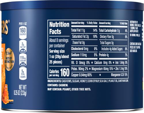 PLANTERS Deluxe Honey Roasted Whole Cashews, Sweet and Salty Snacks, 8.25oz (1 Canister)
