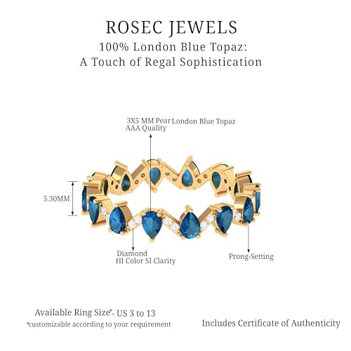 Rosec Jewels Real London Blue Topaz Eternity Ring, Stackable Wedding Anniversary Jewelry for Women, Aaa Quality, 14K Yellow Gold, Size:US 9.00