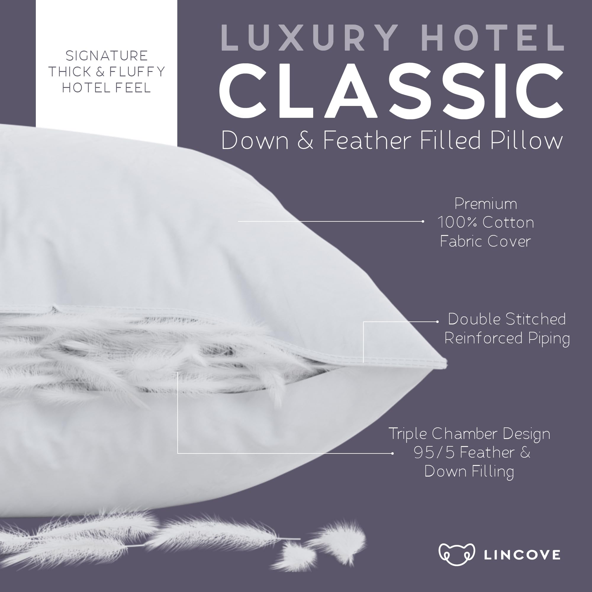 Lincove Down and Feather Luxury Hotel Collection Bed Pillows for Sleeping Made in The USA - 100% Cotton Shell, 600 Thread Count - Soft Hypoallergenic (King Size, Pack of 2)