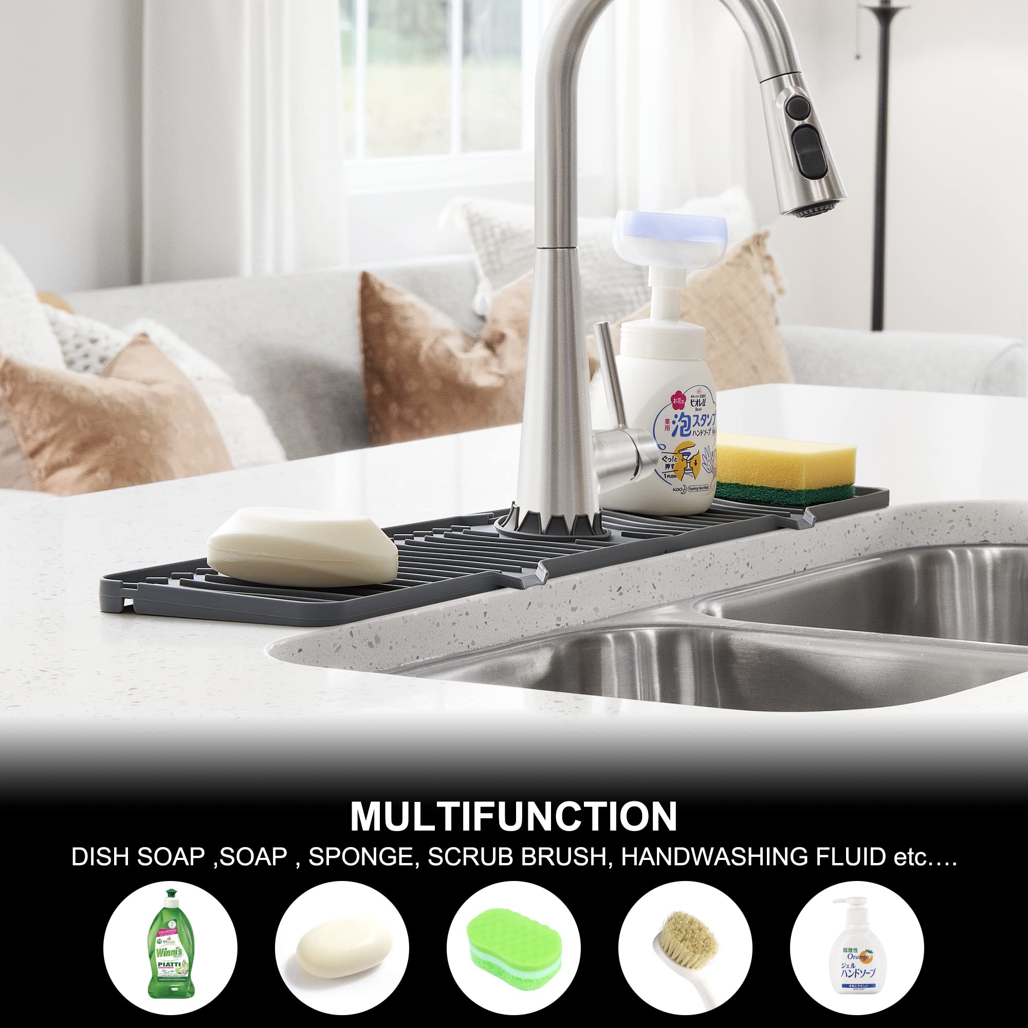 ODRAGO Silicone Kitchen Sink Splash Guard - 24.01 Inch Faucet Mat for kitchen Sink Water - Longer Faucet Handle Drip Catcher Tray-Sink Guard for Kitchen Sink (Grey)