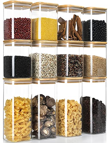 LIBWYS Square Pantry Glass Storage Jars with Bamboo Lids Set of 12, 297oz Airtight Food Containers Kitchen Storage Jars - Dishwasher Safe (12pack)