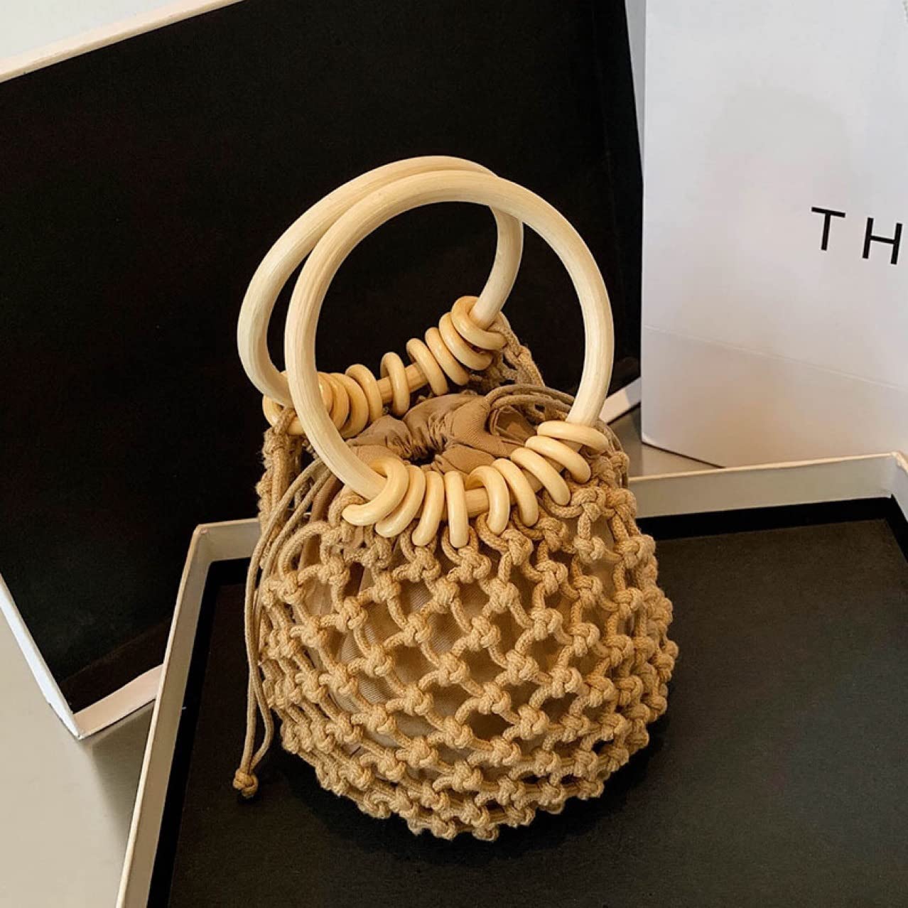 NIBD Women Mini Clutch Tote Handbag Woven Handbag Top-handle Bucket Drawstring Bag Summer Beach Fishing Net Bag Purse (Brown)