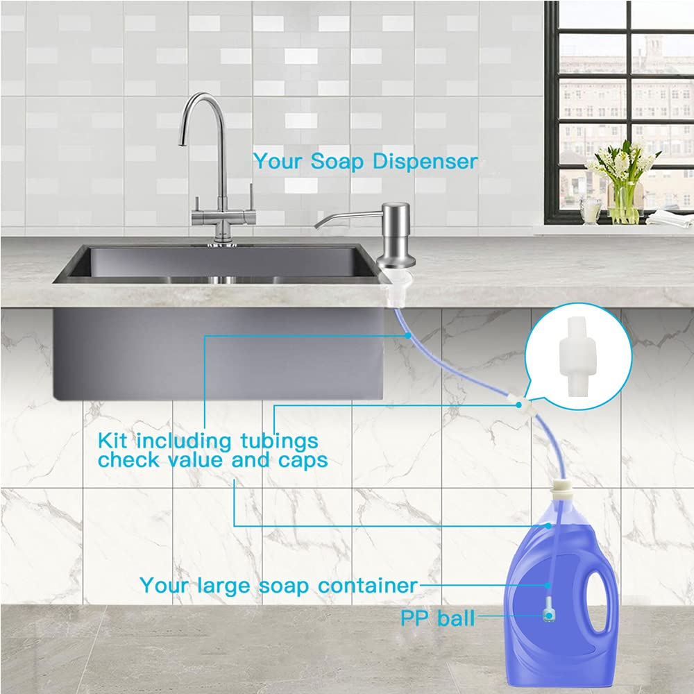 OHiHi Dish Soap Dispenser for Kitchen Sink (Brushed Nickel), Countertop Sink Soap Dispenser Water Pump with 47” No-Spill Extension Tube Kit Design for Kitchen Bathroom, No More Refills (Sliver)
