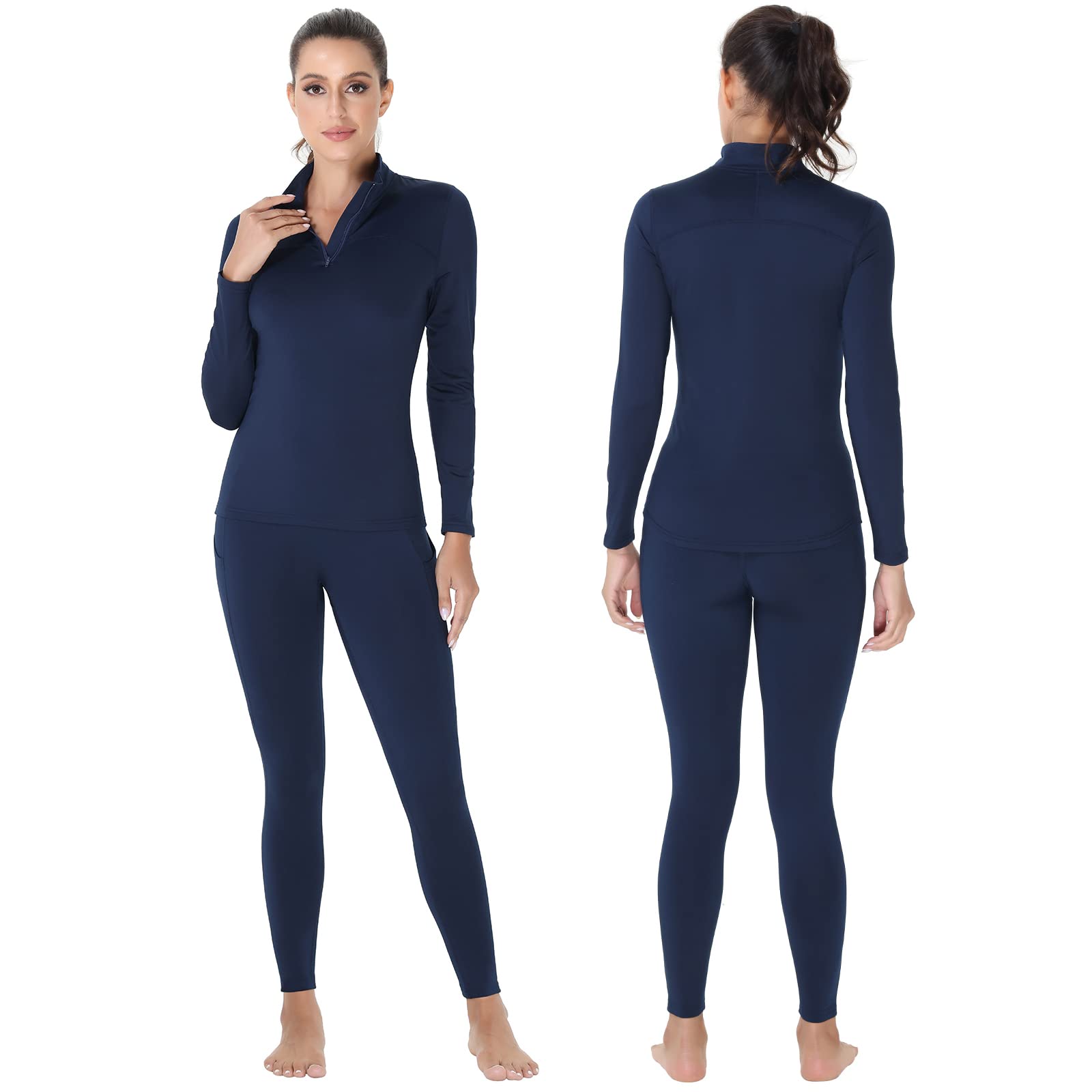 Odoland 2 Pack Thermal Underwear for Women, Winter Warm Skiing Base Layer Set Mock Turtleneck Sport Top & Bottom