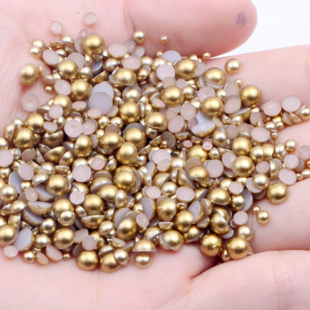 Mixed Size 2/3/4/5/6mm 1000Pcs Imitation Pearls Bead Half Round Flatback Pearl Rhinestones Beads Nail Art Crafts DIY Gem Decoration (38 Dumb Gold)