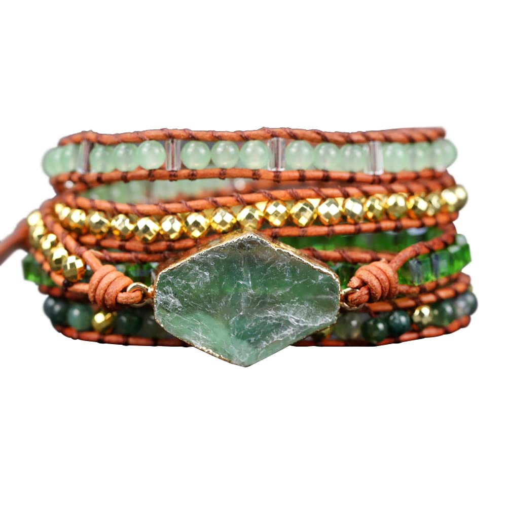 NA Handmade Green Fluorite Natural Stone Genuine Leather 5X Wrap Bracelet