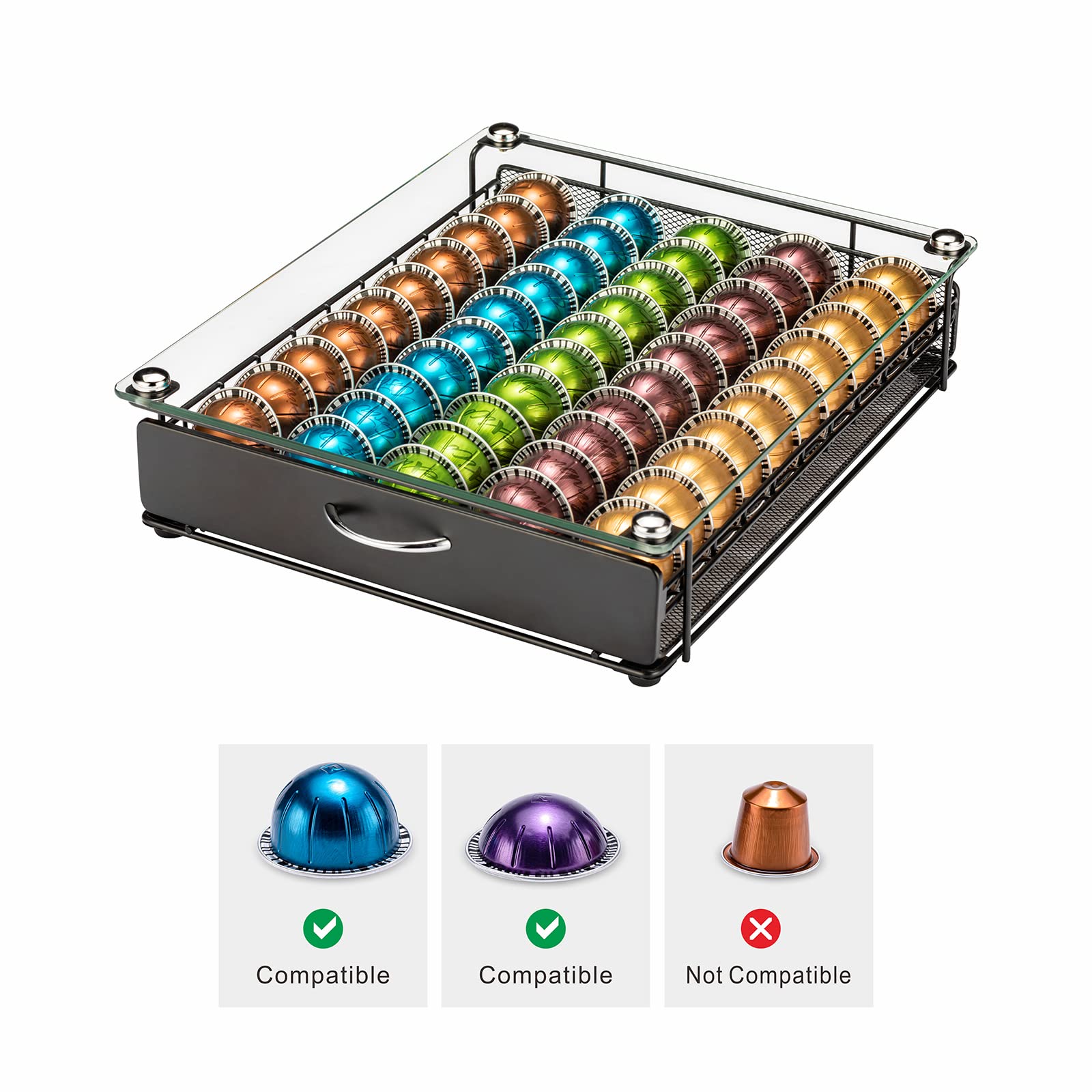 Rice rat Coffee Vertuo Capsule Holder Drawer for Nespresso With Glass For Cabinet Vertuoline Pod Storage Rack For Counter (Class-50 Pods(With handle))