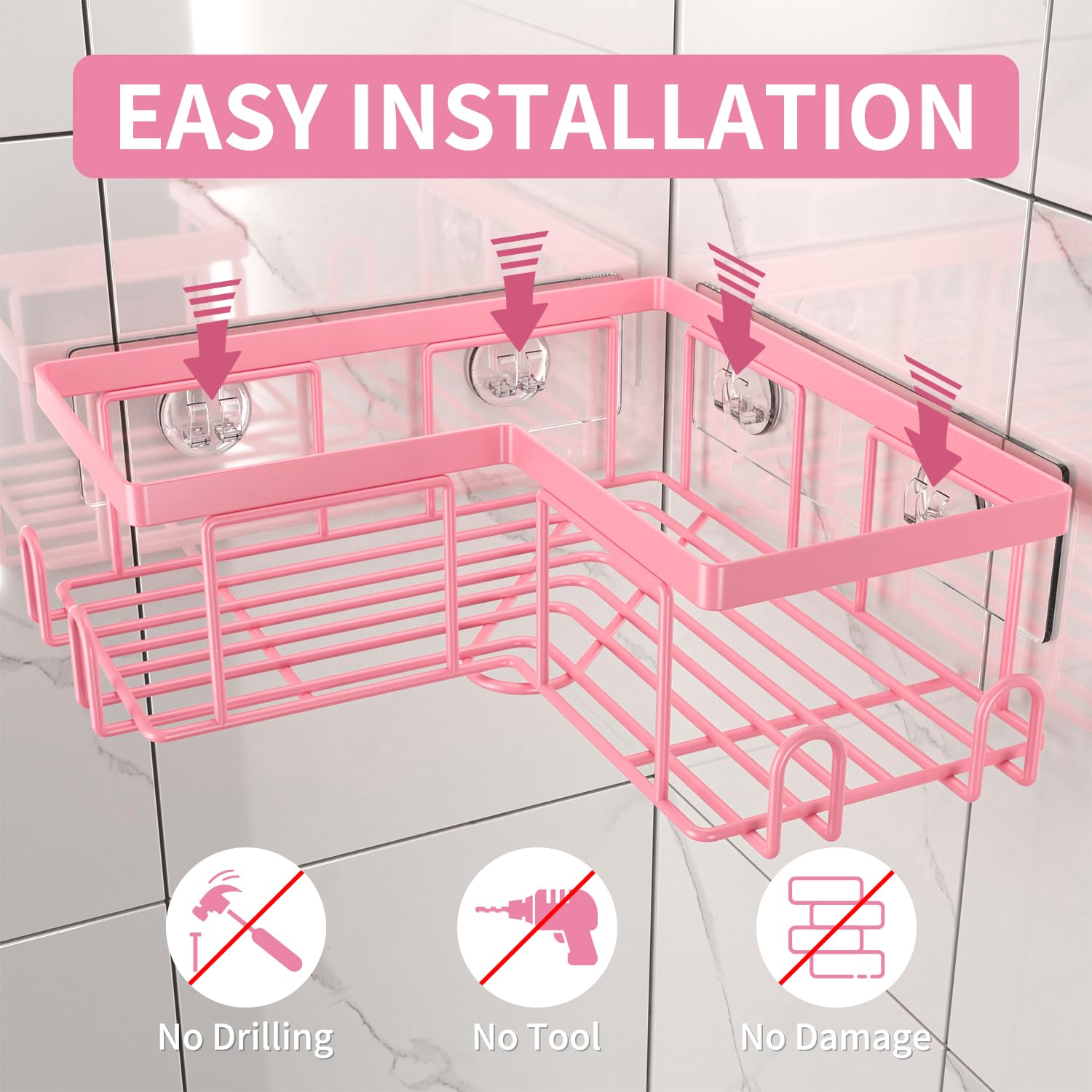 Youvip Shower Caddy Corner,3 pack Corner Adhesive Shower Caddy,Stainless Steel Bathroom Shower Organizer with Hooks & Soap Holder,Shower Shelves No Drilling for Bathrrom,Pink