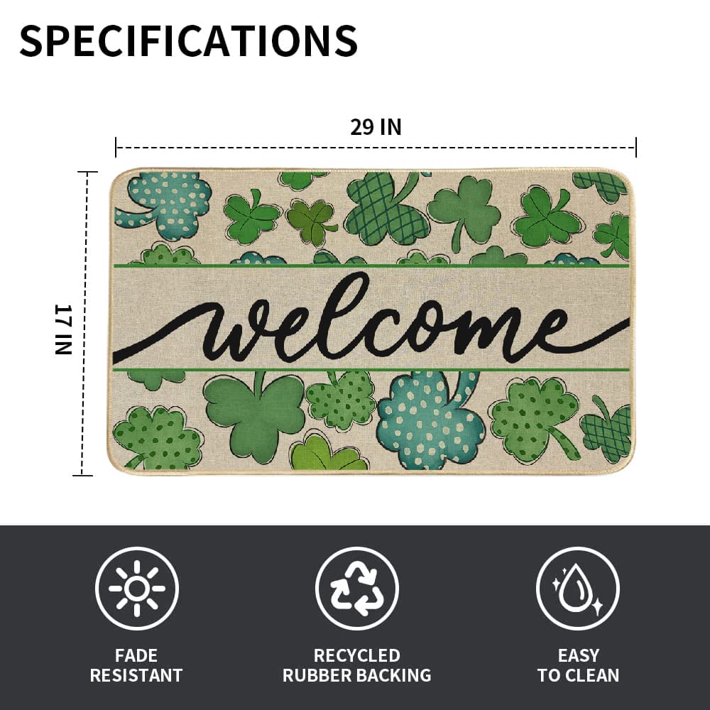 St Patricks Day Decorative Doormats, Seasonal Spring Welcome Green Lucky Shamrock Rugs Holiday Low-Profile Floor Mat Switch Mat for Indoor Outdoor 17 x 29 Inch DM051