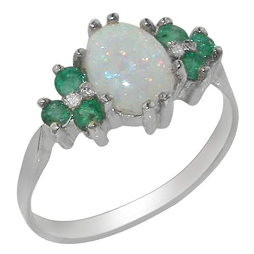LetsBuyGold 925 Sterling Silver Natural Opal and Emerald Womens Band Ring - Size 9.5