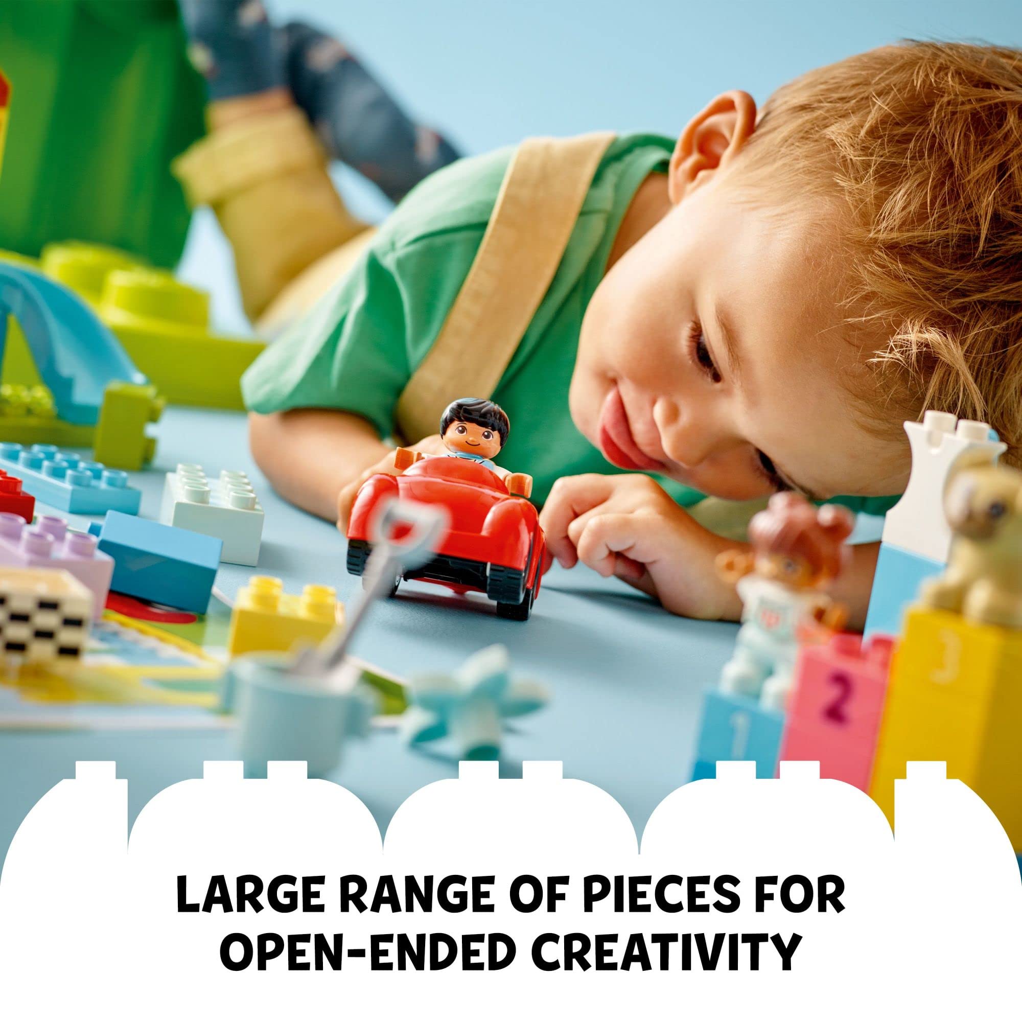 LEGO DUPLO Classic Deluxe Brick Box 10914 Starter Set - Features Storage Box, Bricks, Duplo Figures, Dog, and Car, Creative Play, Great Early Learning Toy for Toddlers Ages 18+ Months