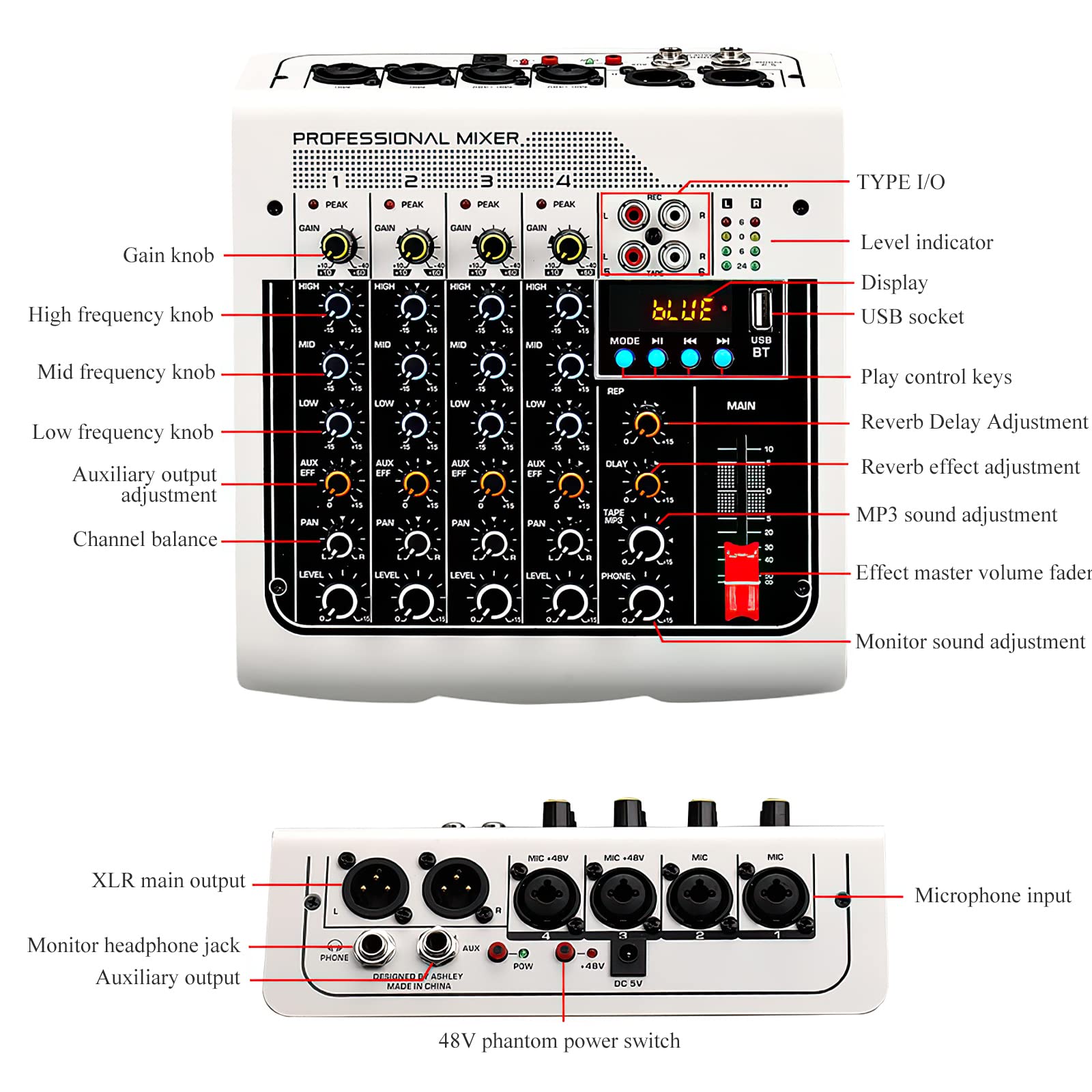 Mixers Audio 4 Channel Mixer, Dj Mixer Board Mixer Audio Bluetooth MP3 Mini Mixer for Music With 48V Phantom Power Stereo FX Analog Digital Effects, Usb Audio Mixer for Karaoke Speakers