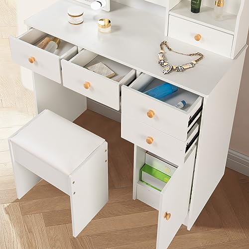 Large Vanity Desk Set with Sliding Mirror and 10 LED Bulbs, 3 Lighting Modes Makeup Table with 5 Drawers, 6 Shelves and Cabinets, White Dressing Table for Bedroom