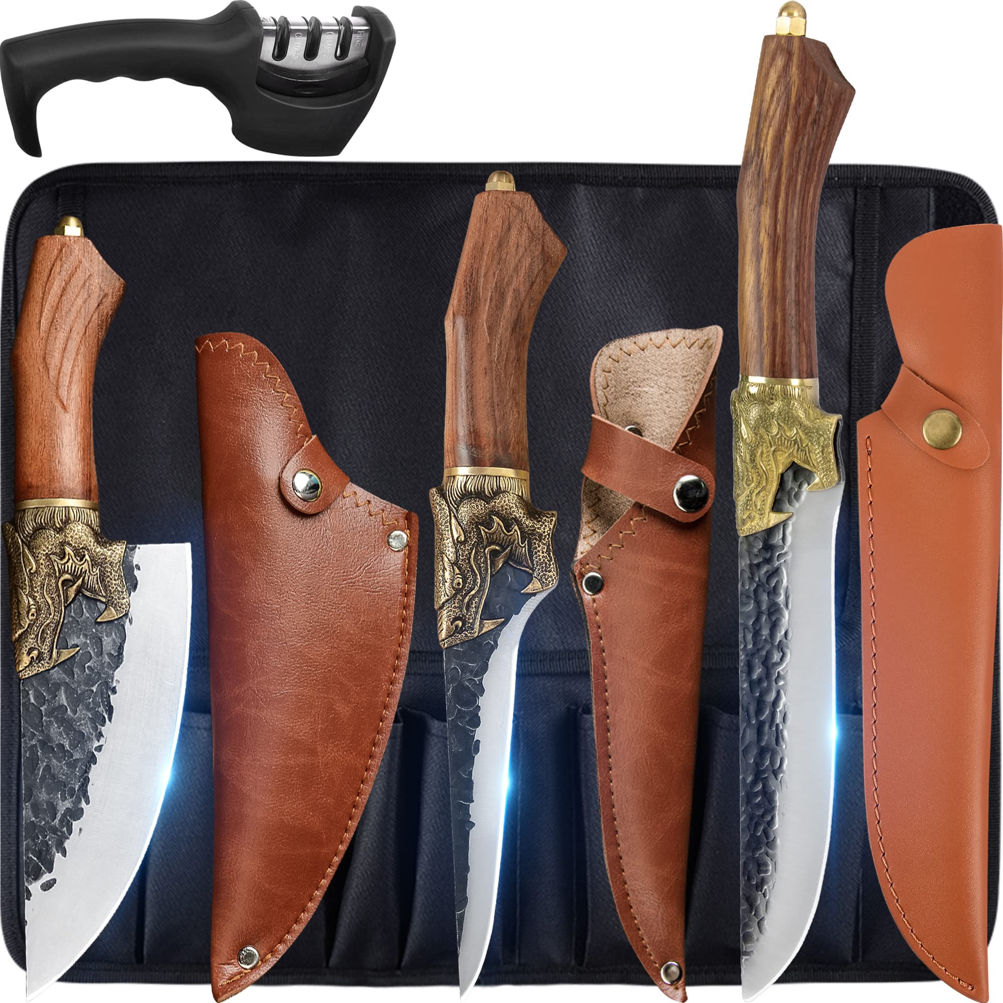 XYJ Authentic Since 1986,Professional Forged Chef Knives With Sheath,Sharpener,Camping Kitchen Knives,Slicing Cutting Knives,Meat Vegetable Cooking Butcher Knives Roll Bag Set (4 In 1)
