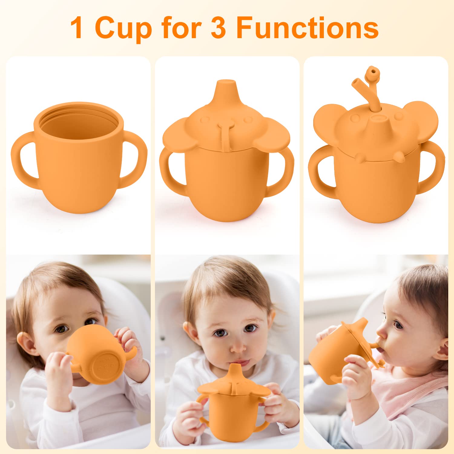 Toddler Sippy Cups,Silicone Straw Cup Spill Proof with Handles for Baby 6+ Months,The First Years Training Cups for 1+ Year Old (7oz,Orange)