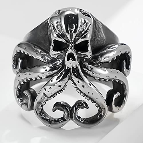 Retro Vintage Stainless Steel Octopus Gothic Punk Halloween Cocktail Party Biker Ring (Silver, 8)