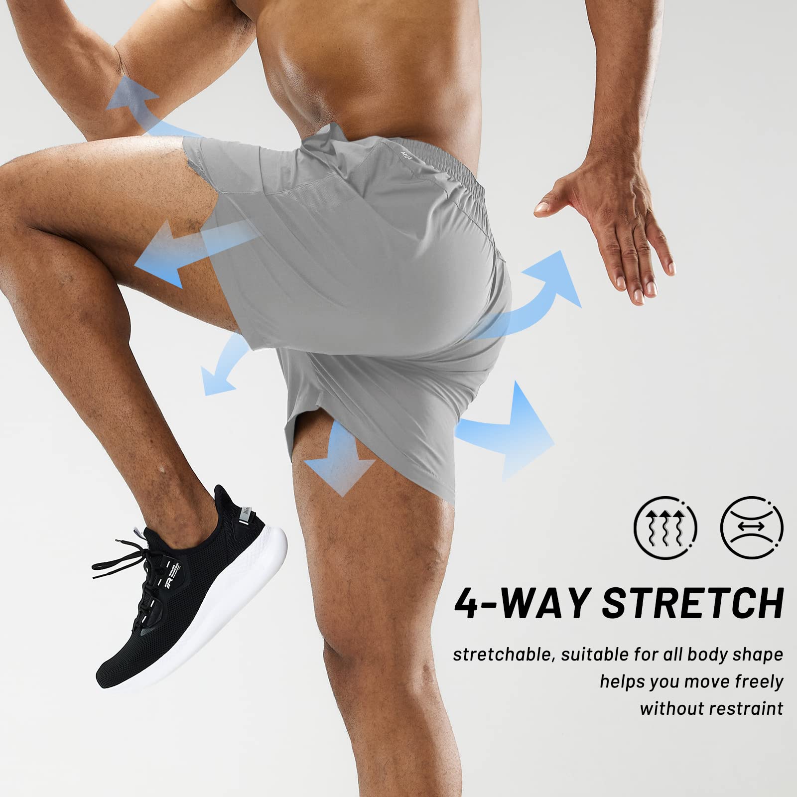 MIER Men's Workout Running Shorts Quick Dry Active 5 Inches Shorts with Pockets, Lightweight and Breathable, Light Grey, L