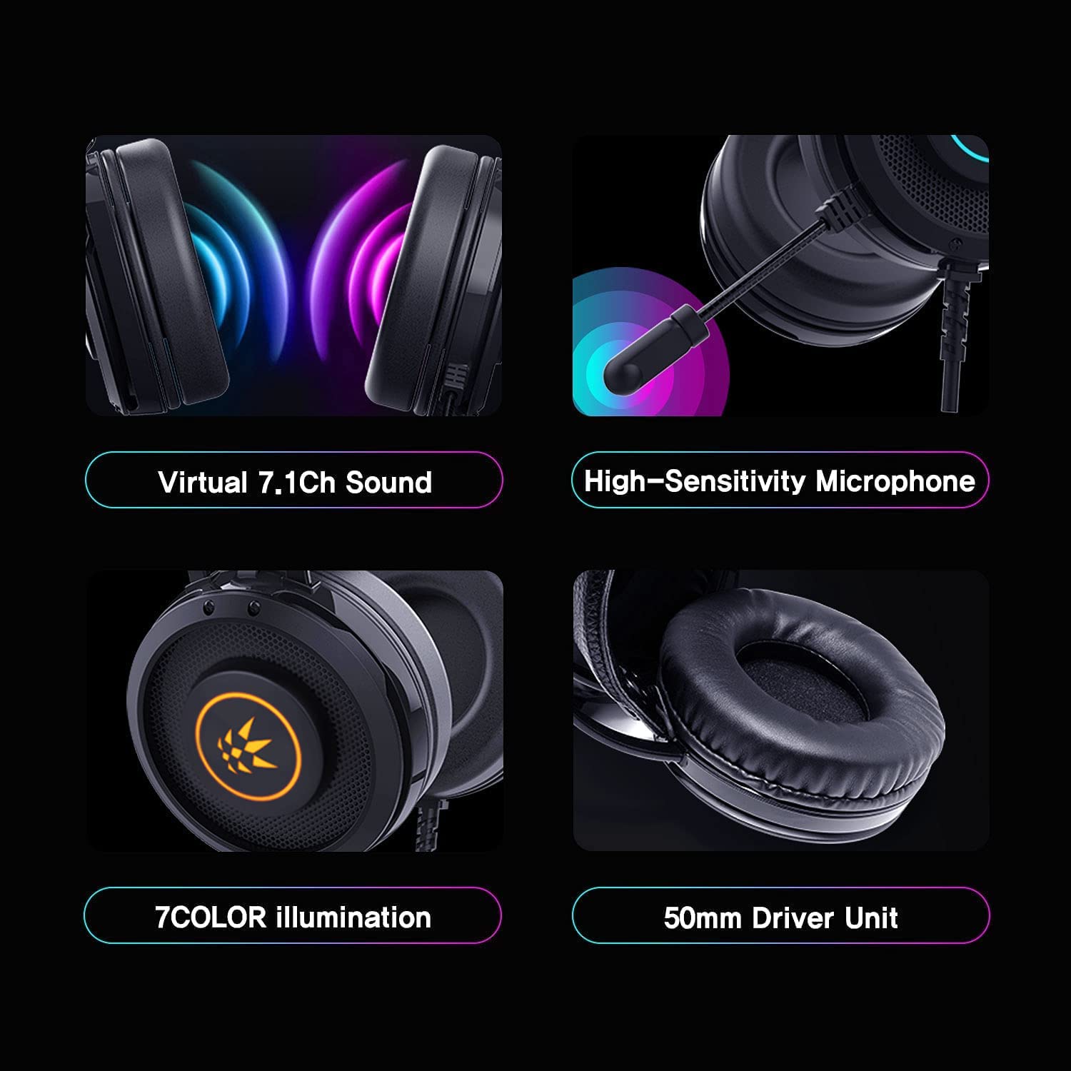MANIC PC Gaming Headset HS-301 Wired RGB Effect Gaming Headphone with Microphone - Virtual 7.1 CH Surround Sound with Microphone, USB Type for Laptop & PC,Compatible with Windows 7910, BLACK